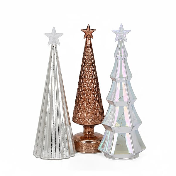 Christmas Decoration - Set of 3 Trees with LED Lights - Glass Cone ...