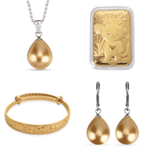 24K Embossed Foil, Golden Shell Pearl Necklace and Earrings and Floral ...