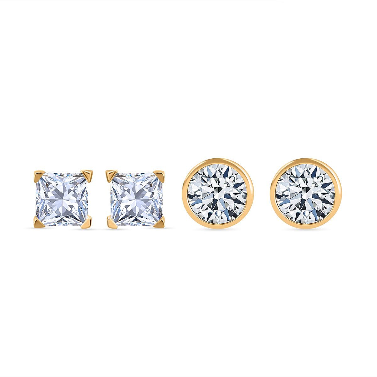 ELANZA Set of 2 - AAA Simulated Diamond (Rnd, Sqr) Stud Earrings in 14K ...