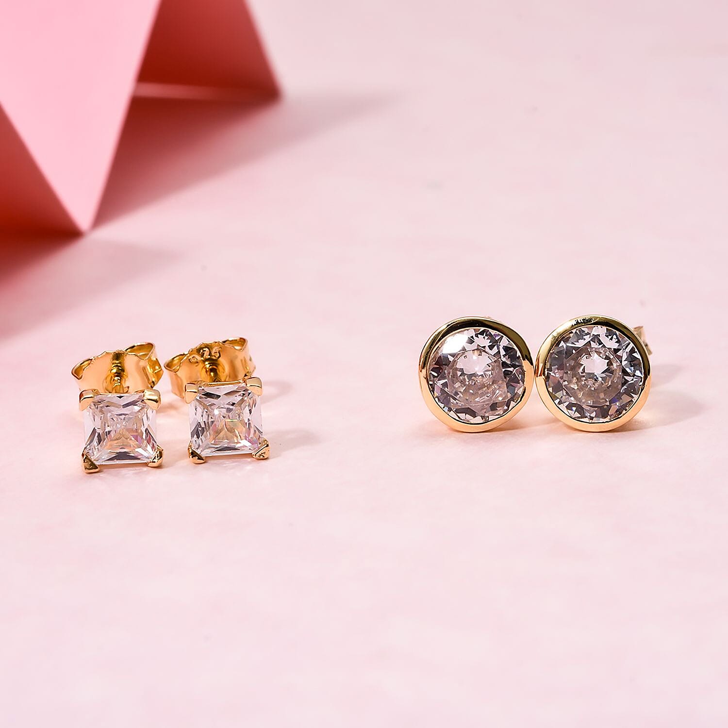 ELANZA Set of 2 - AAA Simulated Diamond (Rnd, Sqr) Stud Earrings in 14K ...