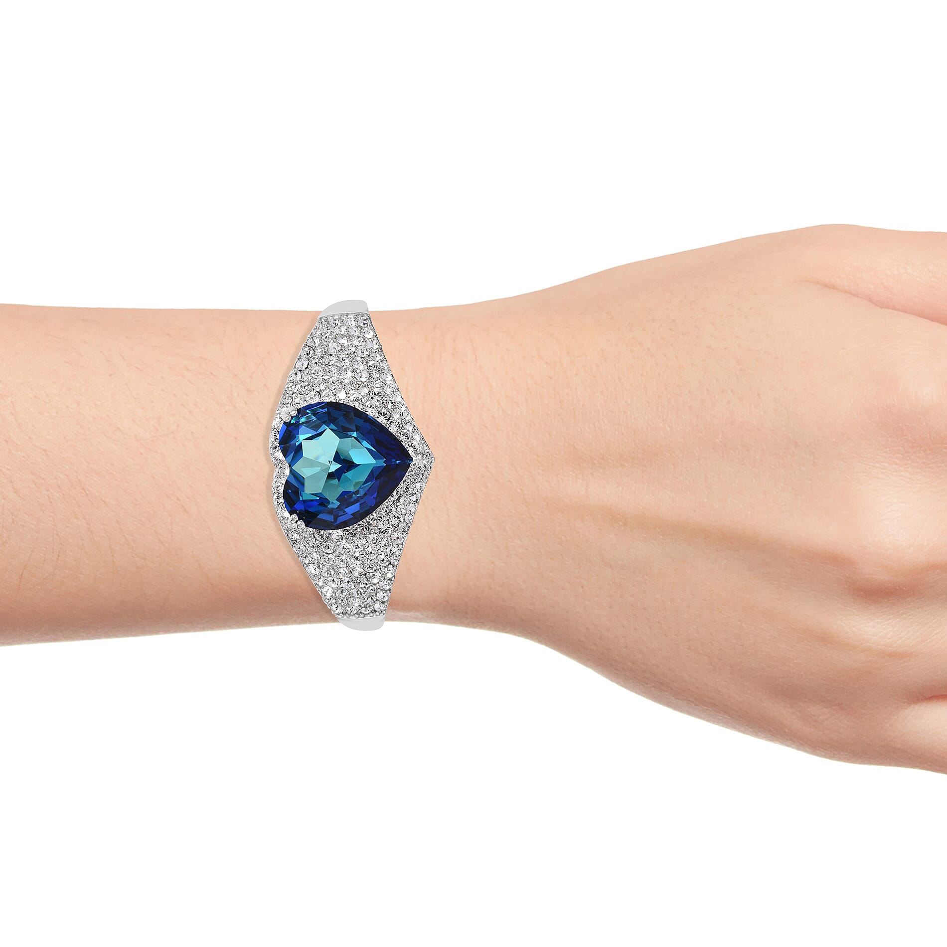 Lustro Stella Bermuda Blue Crystal and White Crystal Cuff Bangle in Sterling Silver 40.77 Gms ...
