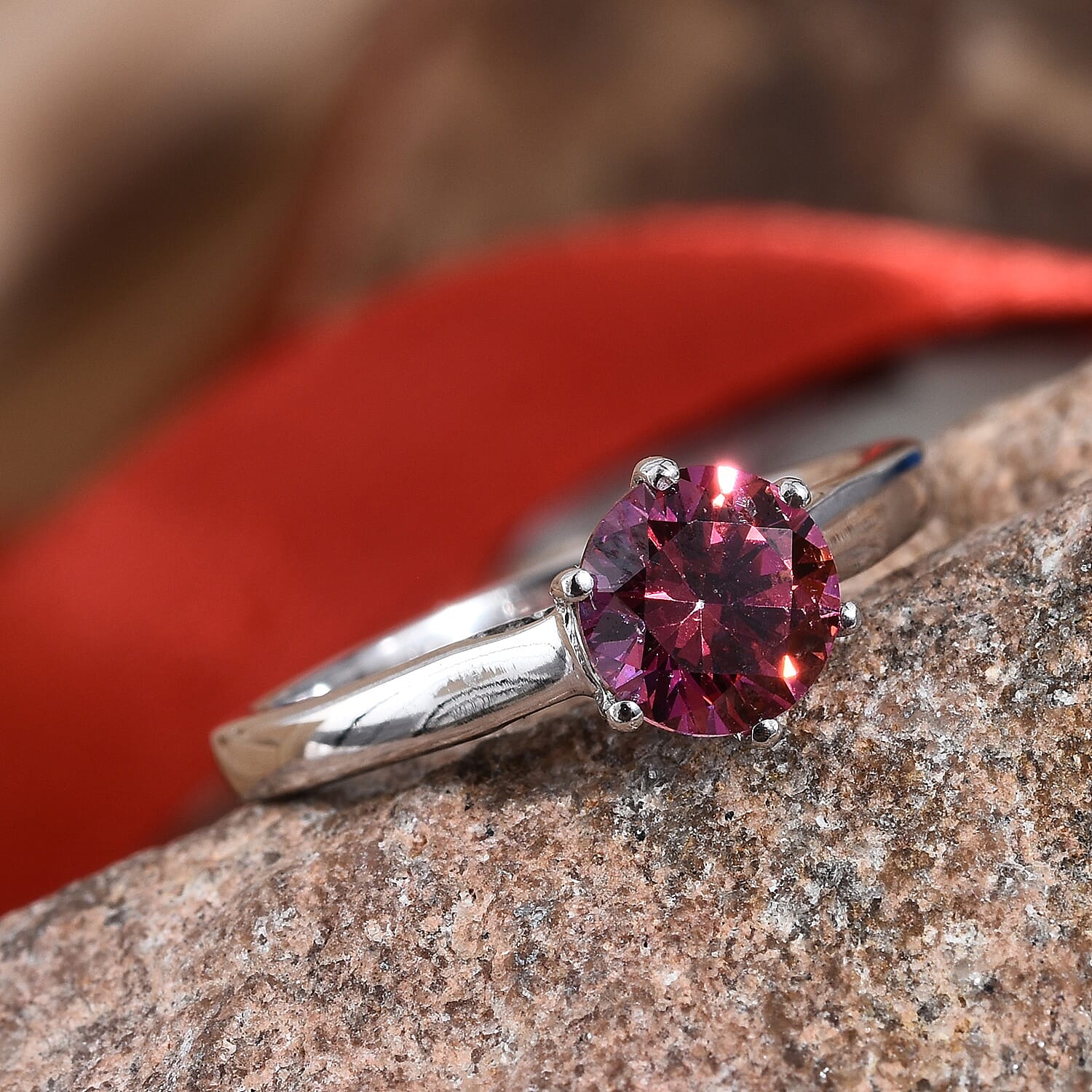 Red Zirconia Solitaire Ring in Platinum Plated Sterling Silver ...