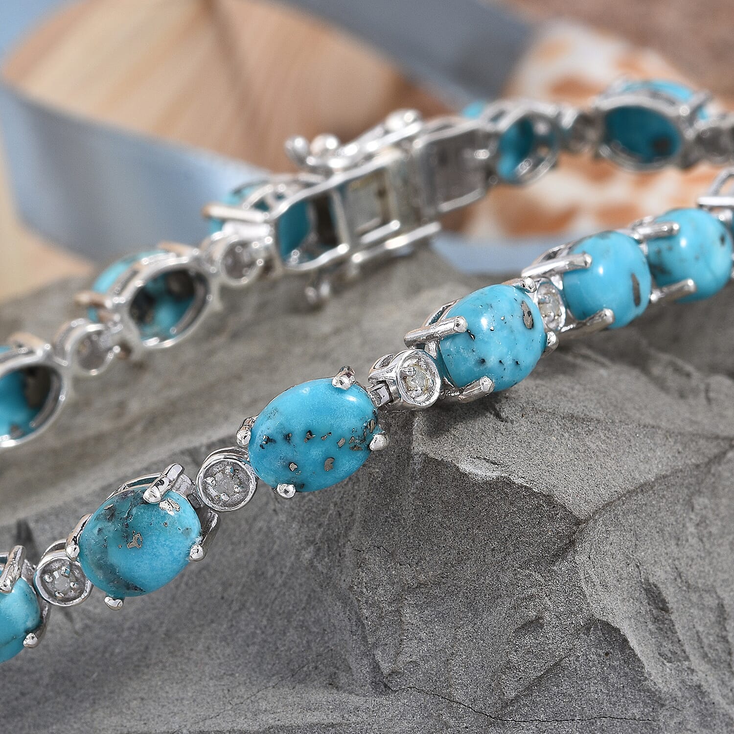 Turquoise (Ovl), Diamond Bracelet (Size 7.5) in Platinum Overlay ...