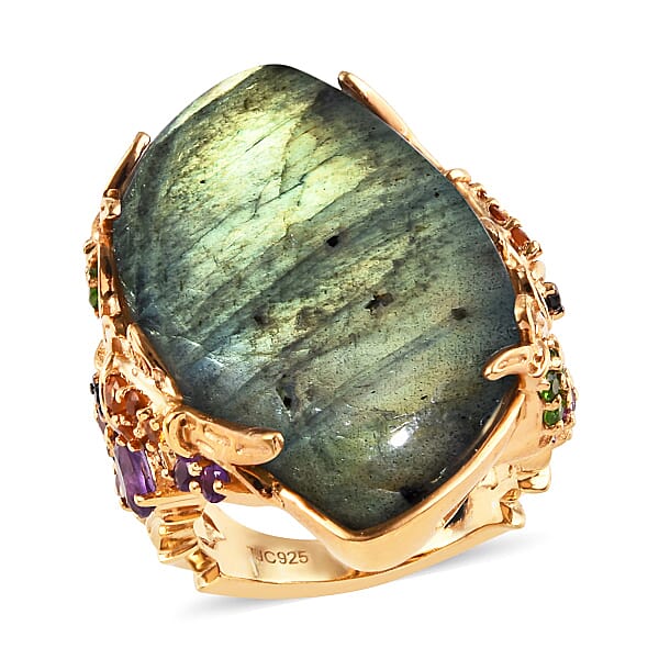 GP 30.60 Ct Labradorite and Multi Gemstone Cocktail Ring in Gold Plated ...