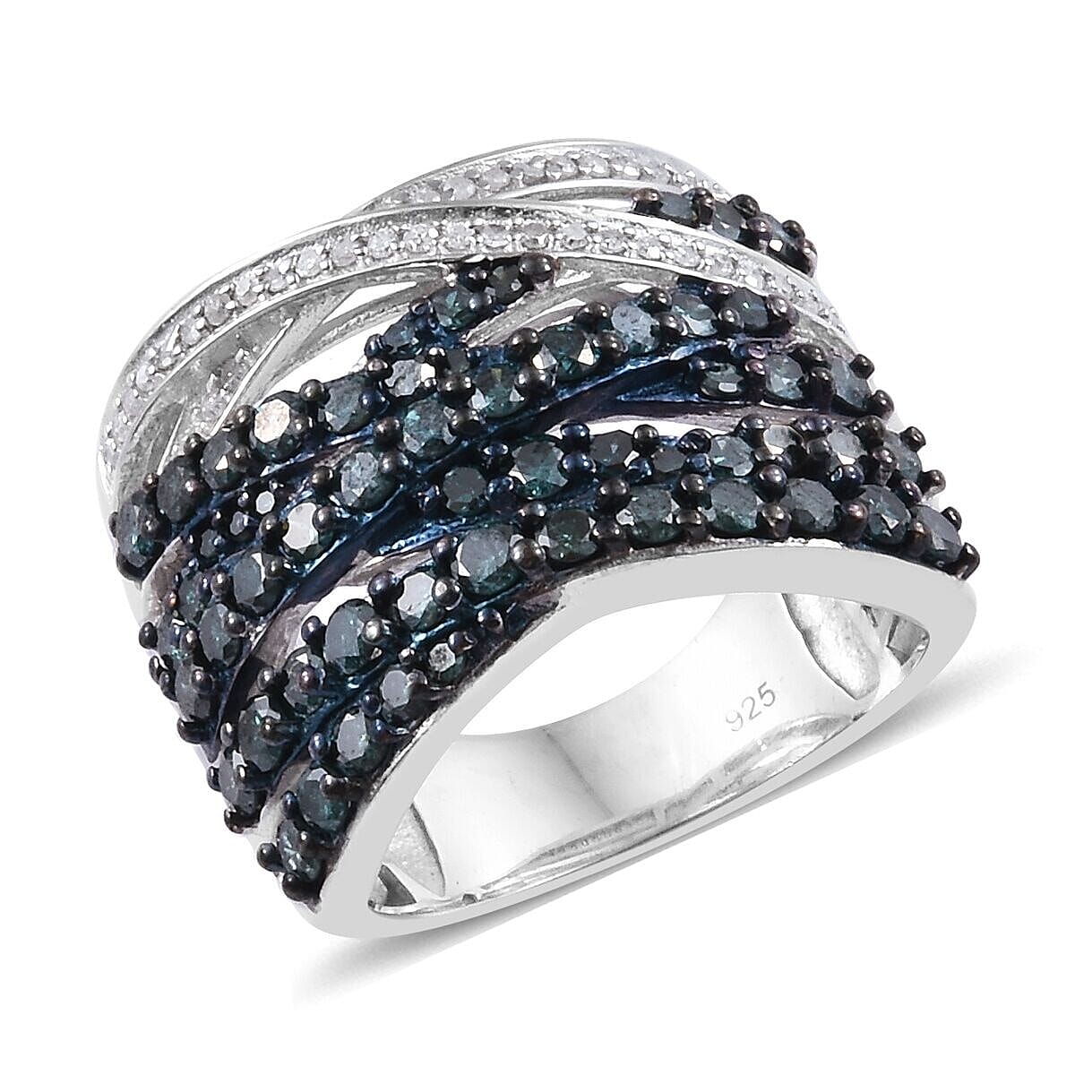 1.75 Ct Blue and White Diamond Crossover Ring in Platinum Plated Silver ...