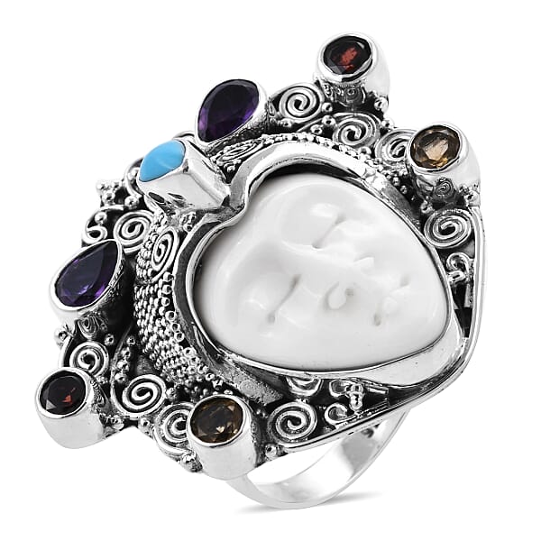 Princess Bali 2.17 Ct OX Bone Carved Face and Multi Gemstone Bone Ring ...