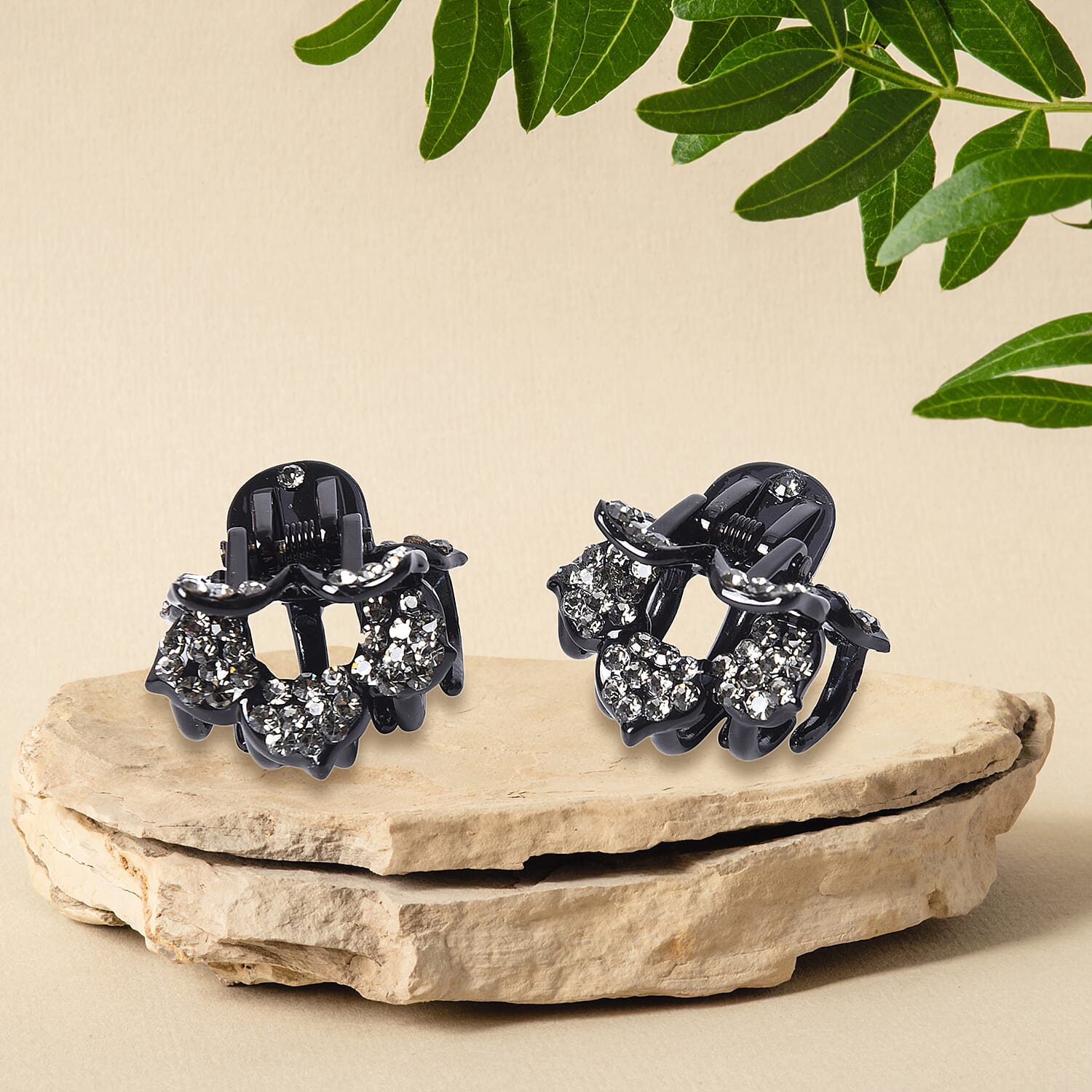Set of 2 - Crystal Studded Small Hair Claw Clip - Grey - 3480243 - TJC