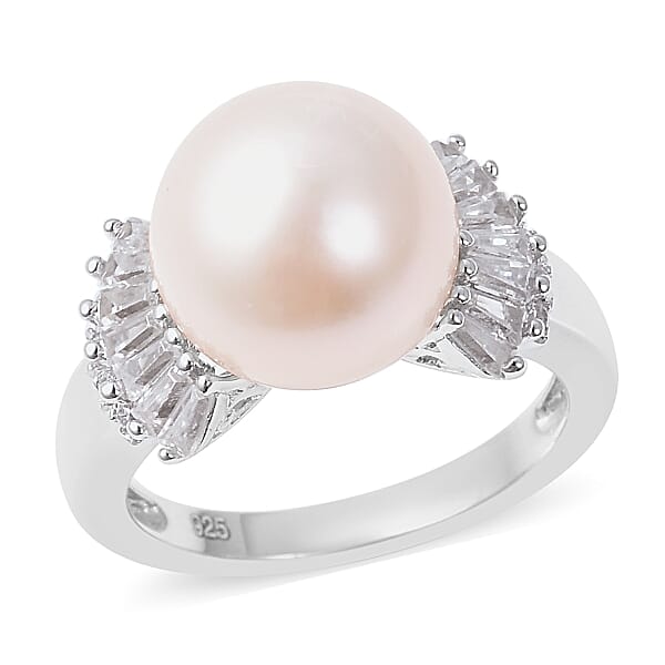 Edison Pearl and Zircon Solitaire Ring in Rhodium Plated Sterling ...