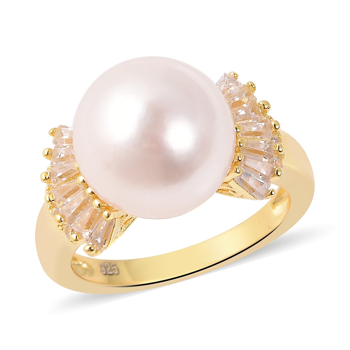 (Size L) Edison Pearl and Zircon Solitaire Ring in Yellow Gold Plated ...