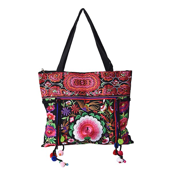 Embroidered Drawstring Tote Bag with Zipper Closure and External Zipper ...