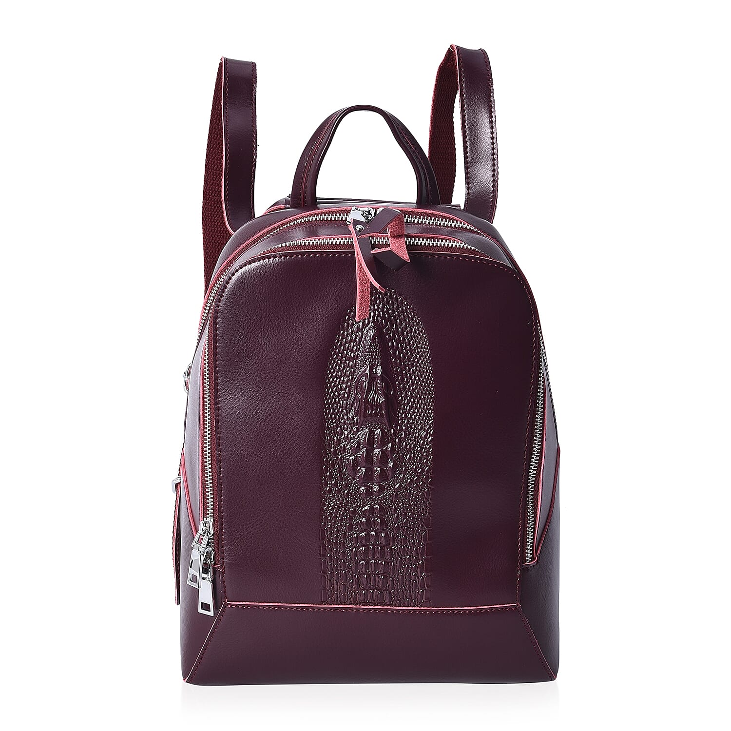 100% Genuine Leather Croc Embossed Backpack with Double Zip Closure and ...