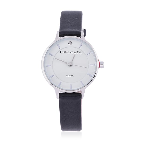 DIAMOND & CO LONDON- Diamond Studded Watch with Black Genuine Leather ...