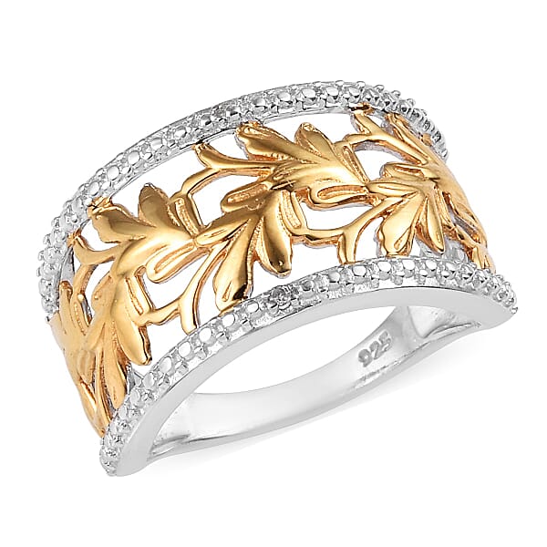 Diamond Oak Leaf Ring in Platinum and Yellow Gold Plated Sterling ...