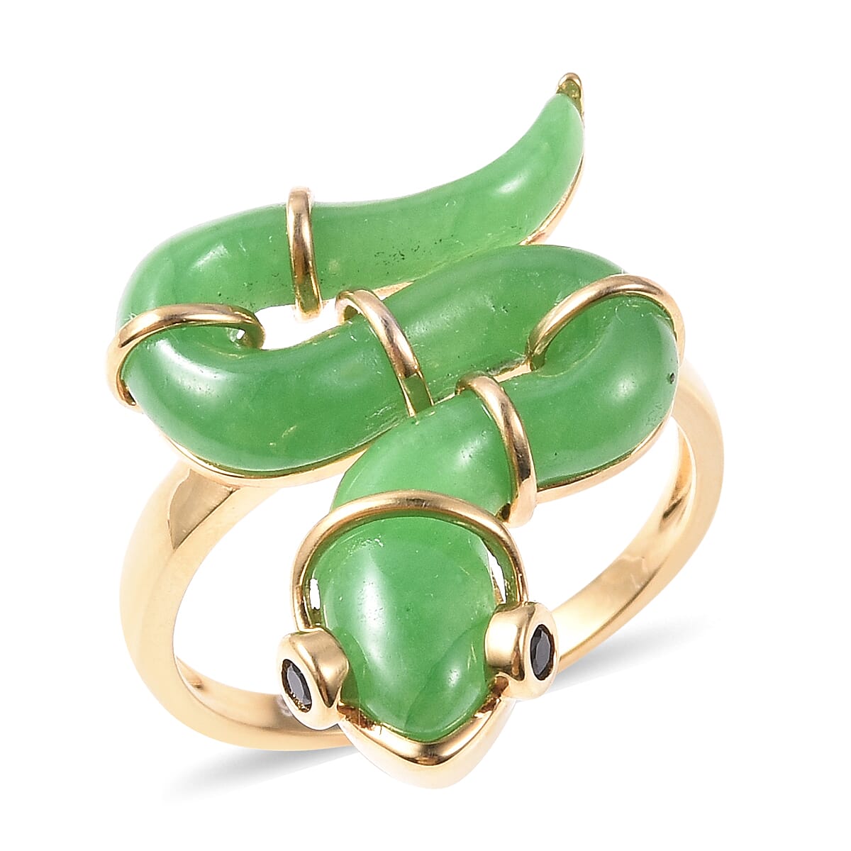 12 Carat Green Jade and Boi Ploi Black Spinel Snake Ring in Gold Plated Sterling Silver