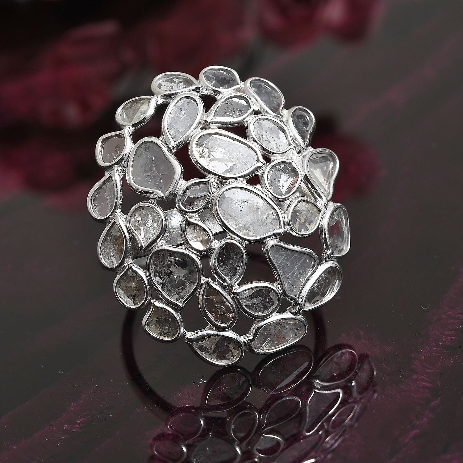 2 Carat Polki Diamond Cocktail Ring in Platinum Plated Sterling Silver ...