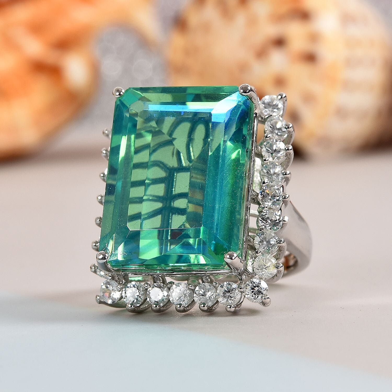 26 Ct Peacock Quartz and Cambodian Zircon Halo Ring in Platinum Plated ...