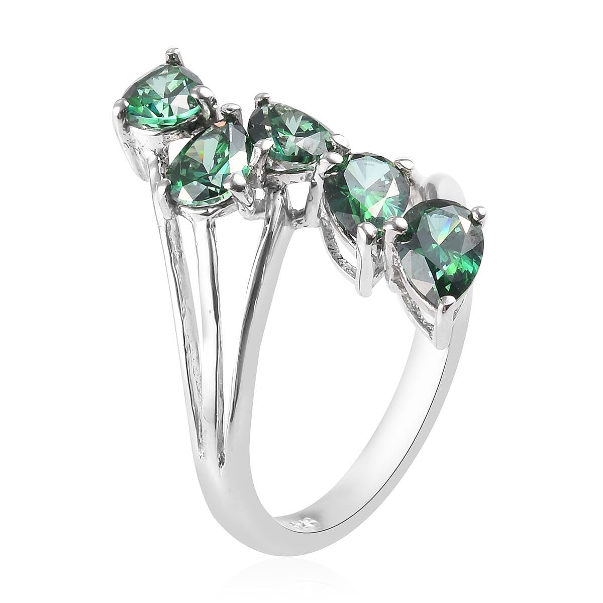 Lustro Stella Made with Green ZIRCONIA 5 Stone Bypass Ring in Platinum Plated Sterling Silver ...