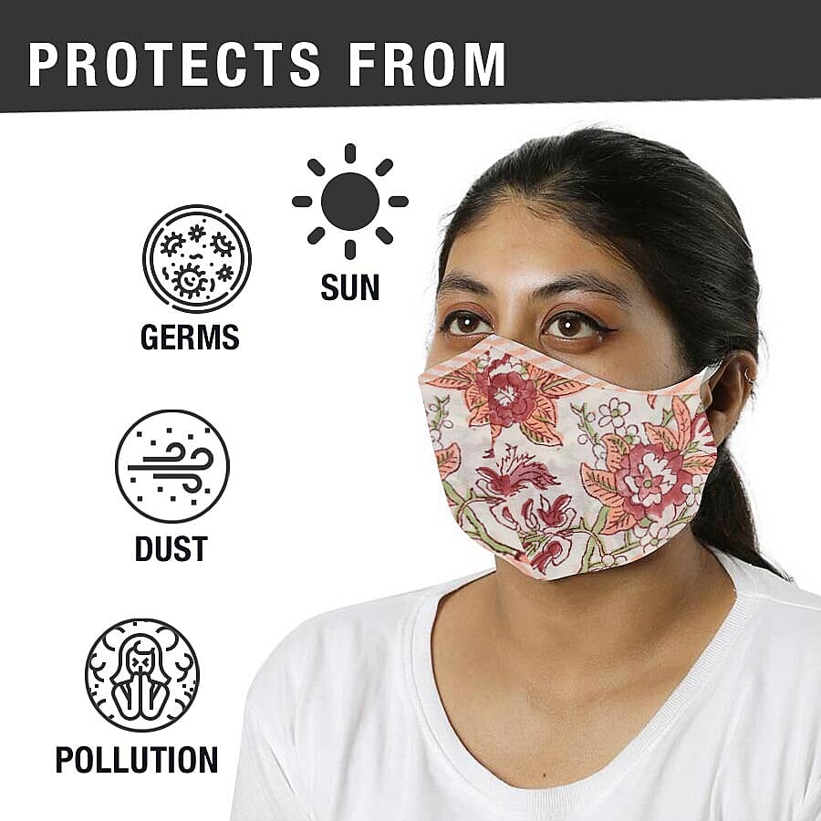 Set of 2 100% Cotton Hand Block Printed Reusable Double Layer Face ...