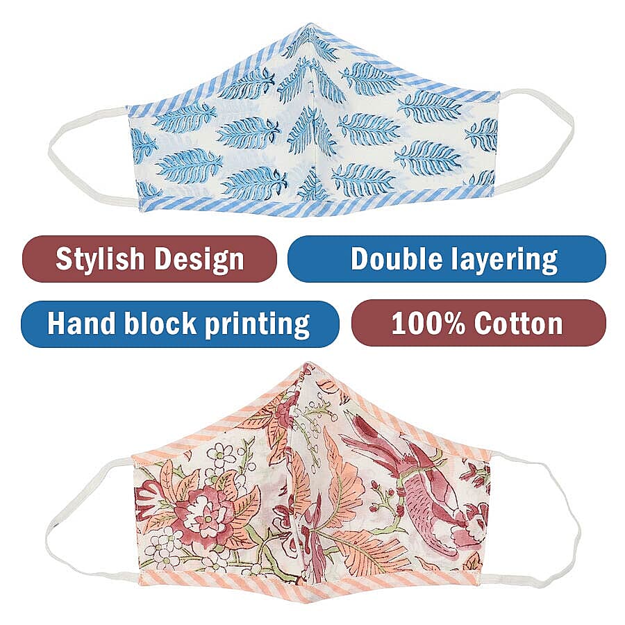 Set of 2 100% Cotton Hand Block Printed Reusable Double Layer Face ...