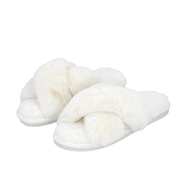Super Soft Faux Fur Cross Band Slippers - Ivory - M3638773 - TJC