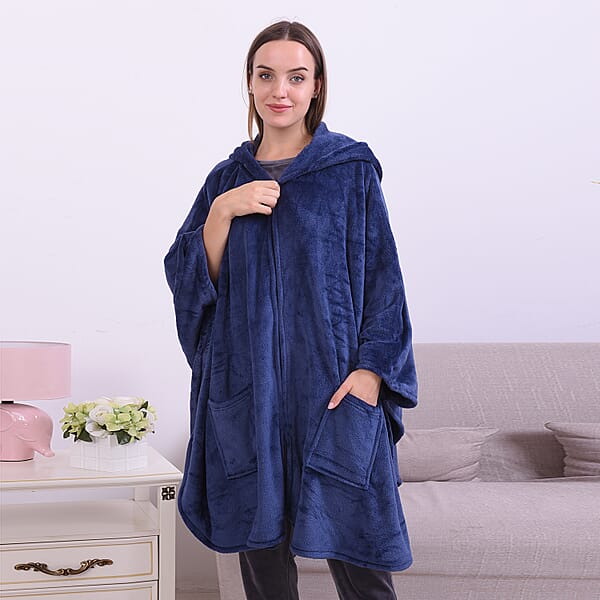 Solid Navy Colour Hooded Plush Wrap with Pockets - 3638896 - TJC