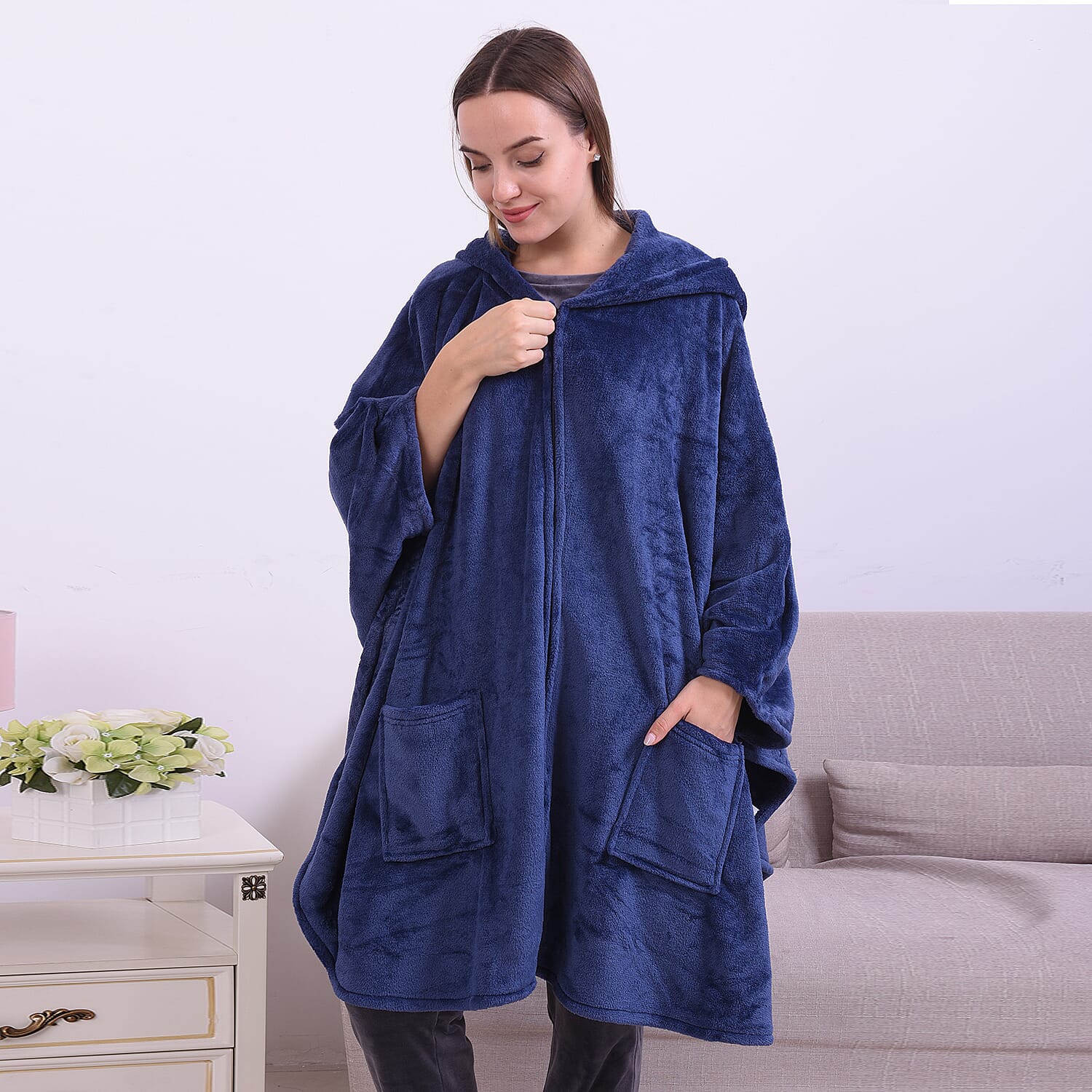 Solid Navy Colour Hooded Plush Wrap with Pockets - 3638896 - TJC