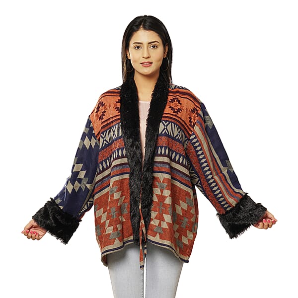 Southwestern Pattern Cosy Jacquard Jacket with Faux Fur Trim and Long ...