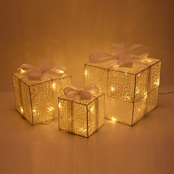 Set of 3 - Present Lights with Warm 40 LED Light - White with Snow ...