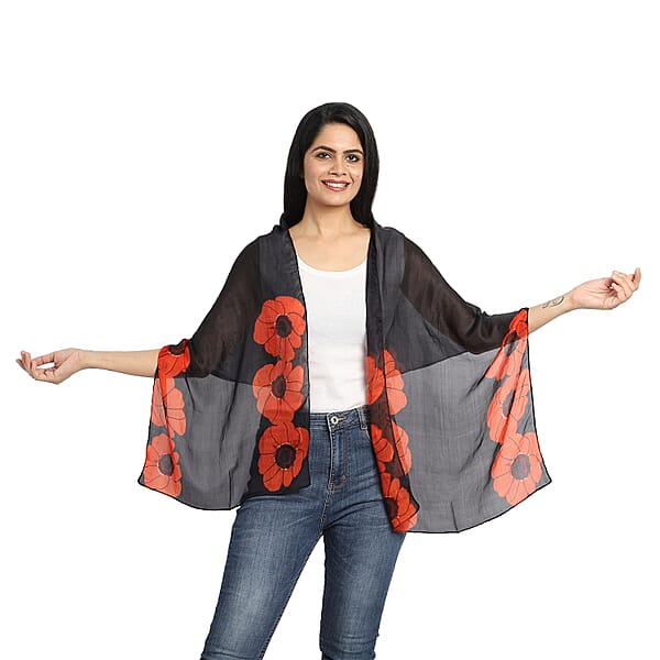 100% Mulberry Silk Floral Print Scarf (180x50cm) - Black, Orange and ...