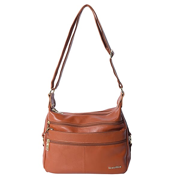 SENCILLEZ Tan 100% Genuine Leather Multi Pocket Crossbody Bag ...