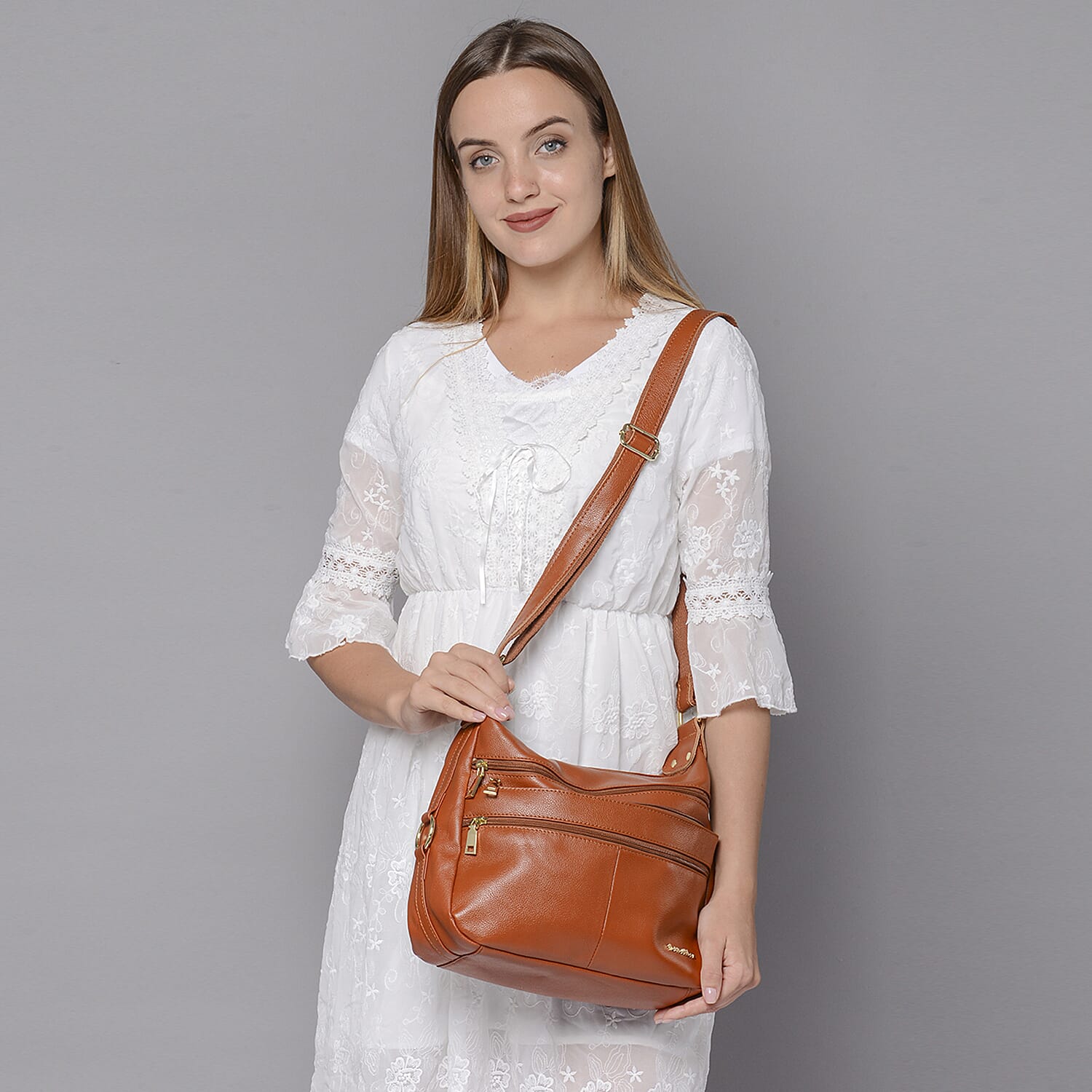 SENCILLEZ Tan 100% Genuine Leather Multi Pocket Crossbody Bag ...