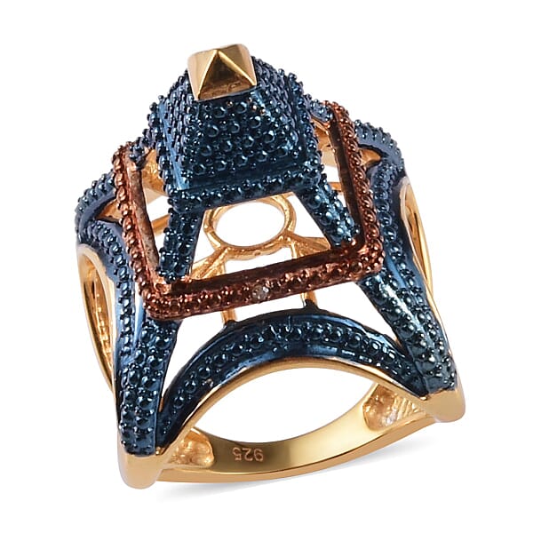Blue and Champagne Diamond Eiffel Tower Enamelled Ring in 14K Gold ...