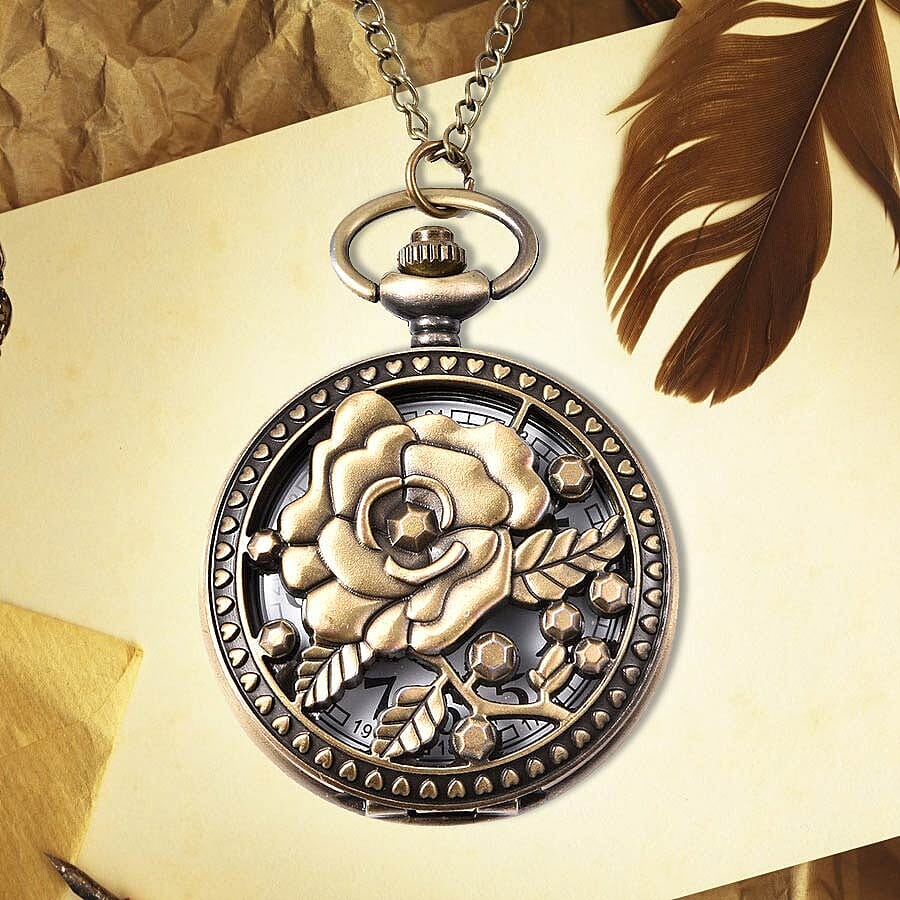 Set of 2 - STRADA Japanese Movement Rose Pattern Pocket Watch with ...