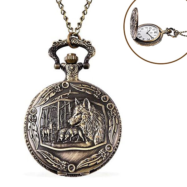 STRADA Japanese Movement Wolf Pattern Pocket Watch with Chain (Size 31 ...