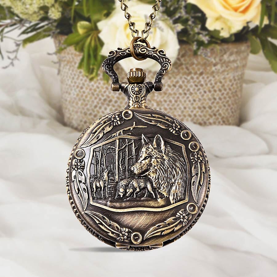 STRADA Japanese Movement Wolf Pattern Pocket Watch with Chain (Size 31 ...