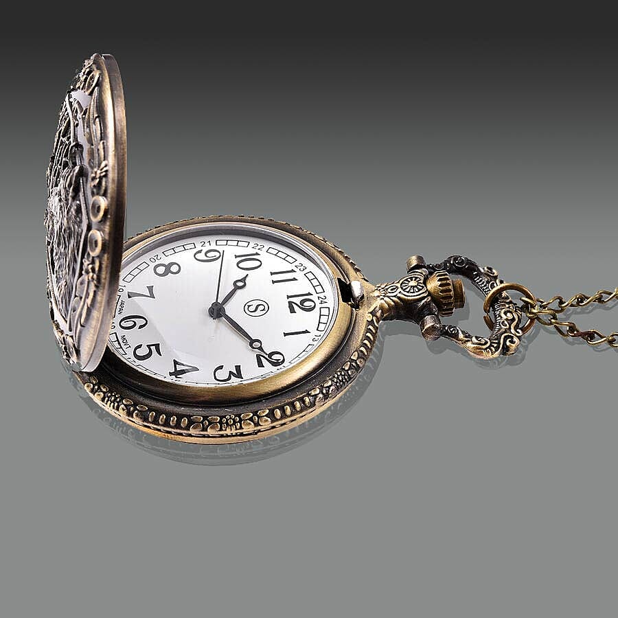 STRADA Japanese Movement Wolf Pattern Pocket Watch with Chain (Size 31 ...