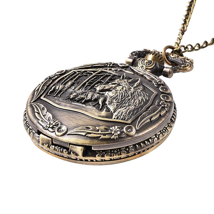STRADA Japanese Movement Wolf Pattern Pocket Watch with Chain (Size 31 ...