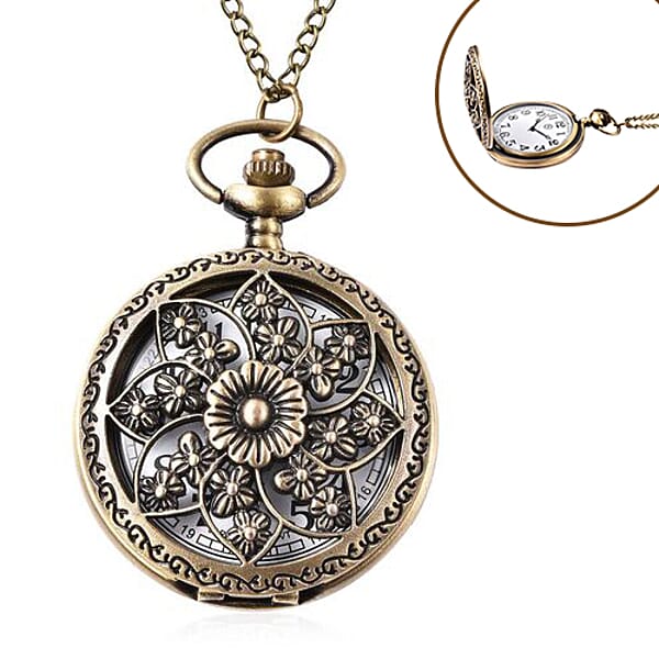 STRADA Japanese Movement Flower Pattern Pocket Watch with Chain (Size ...