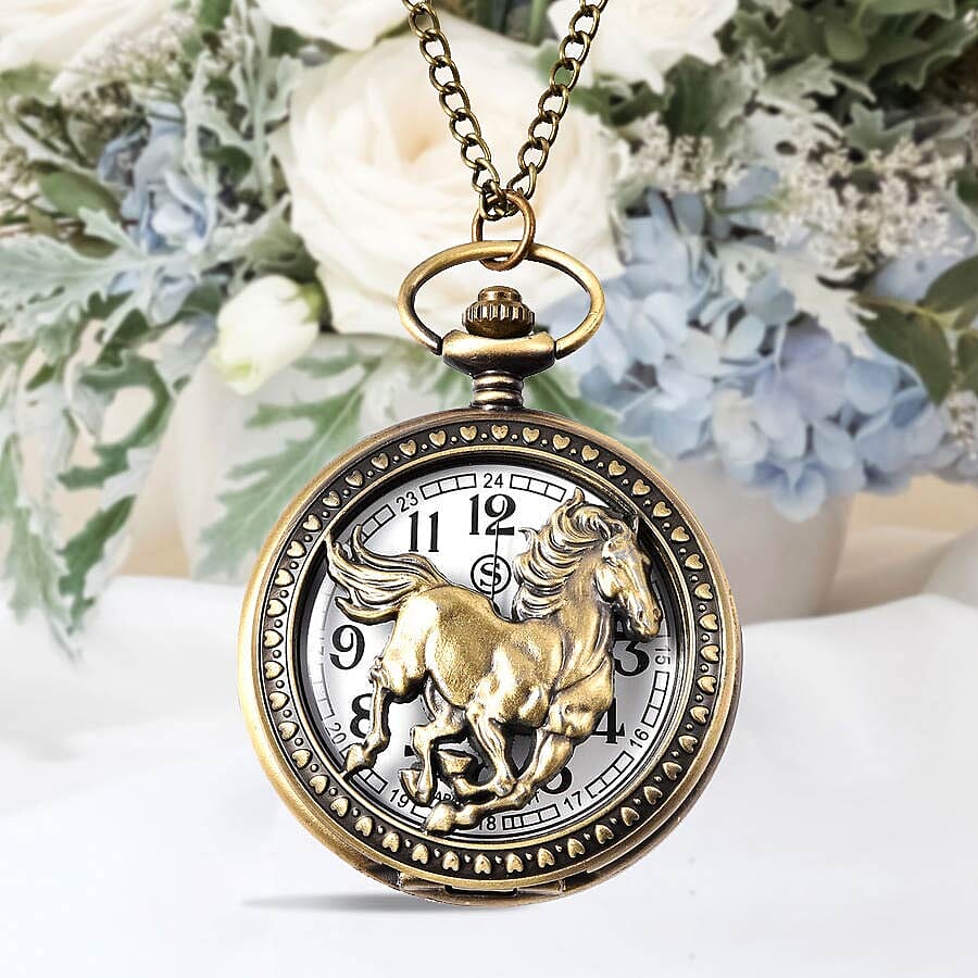 STRADA Japanese Movement Horse Pattern Pocket Watch with Chain (Size 31 ...