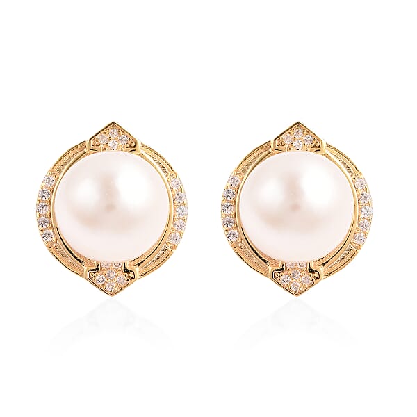 Edison Pearl and Natural Cambodian Zircon Stud Earrings (with Push Back ...