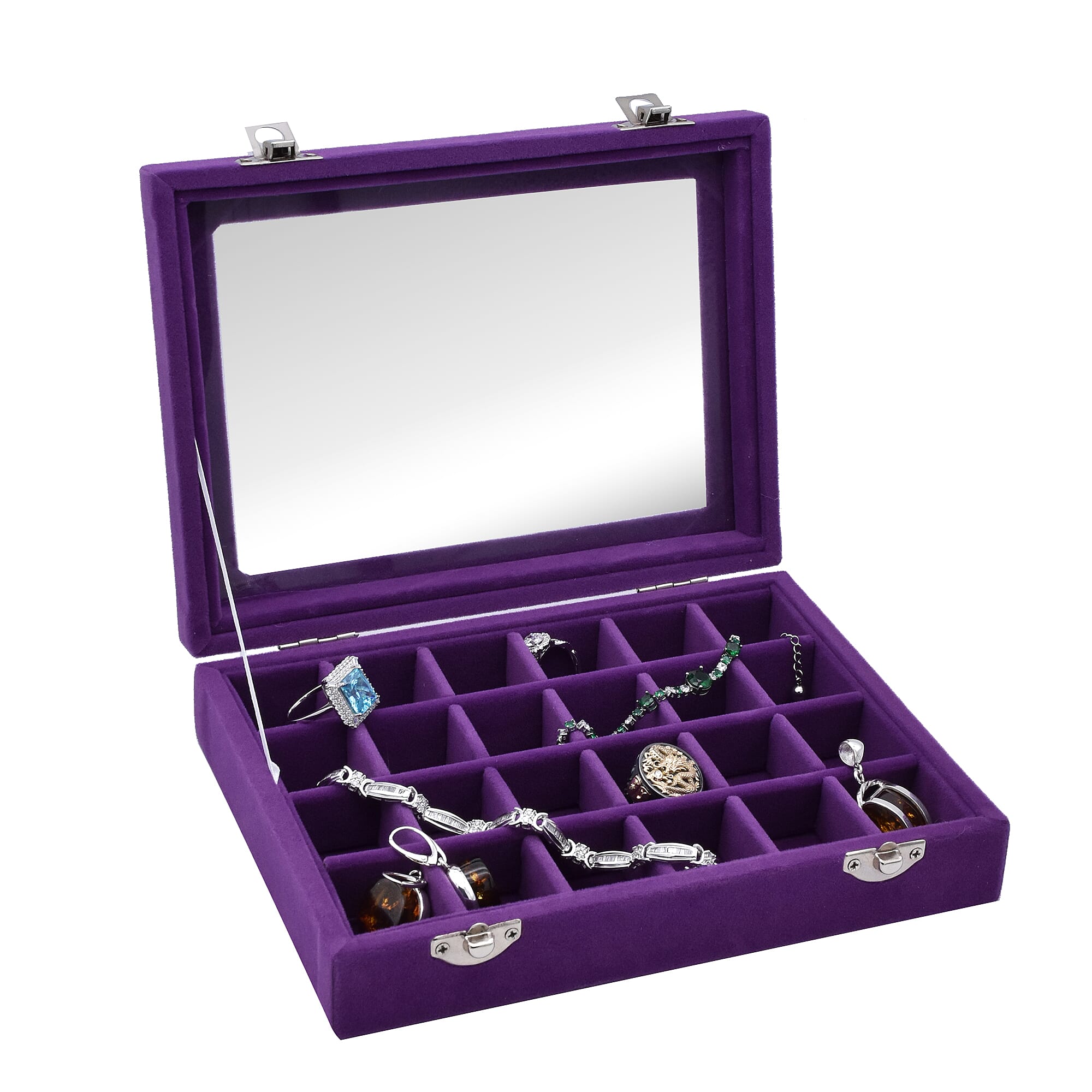 24 Sections Jewellery Box Organiser with Velvet Lining and Transparent ...