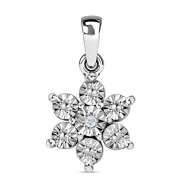 Natural Diamond Floral Pendant in Platinum Plated Sterling Silver ...