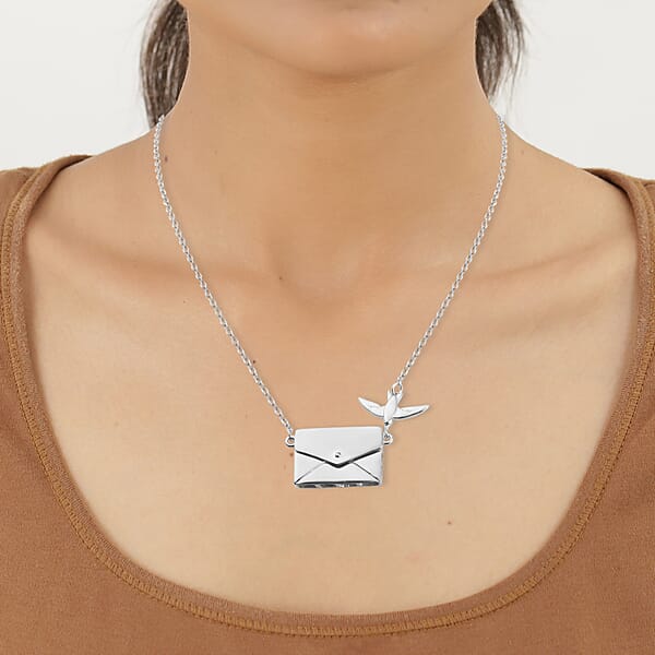 Secret Message Envelope Necklace with Bird in Platinum Plated Silver ...