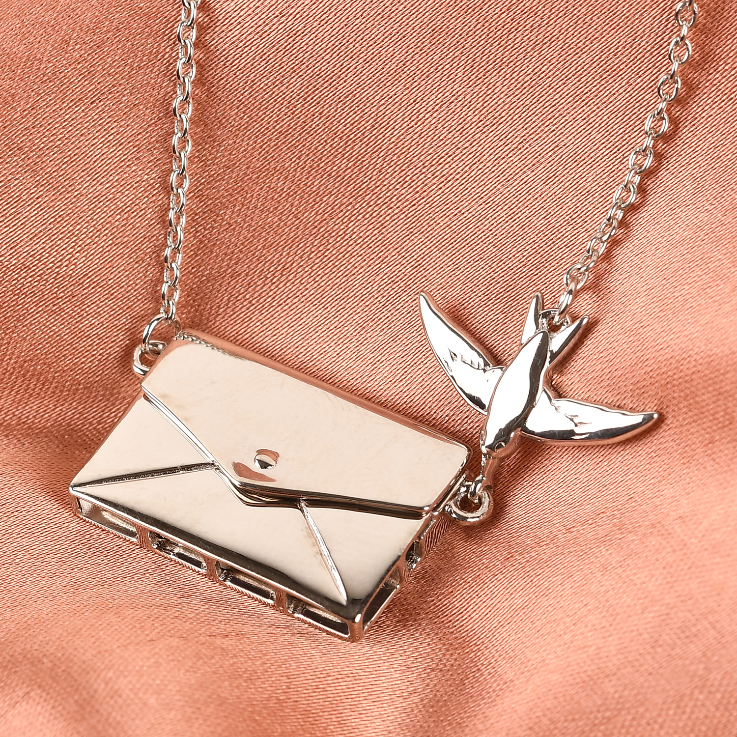 Secret Message Envelope Necklace with Bird in Platinum Plated Silver ...