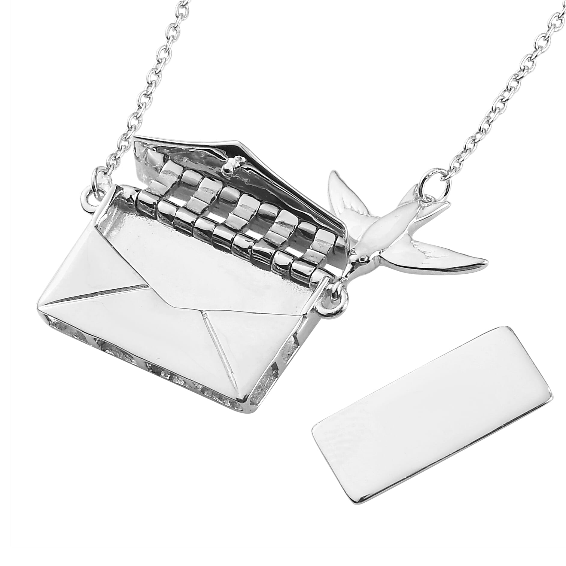 Secret Message Envelope Necklace with Bird in Platinum Plated Silver ...