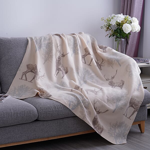 Deer Pattern Printed Fleece Throw Blanket with Horse Stitching - Blue ...