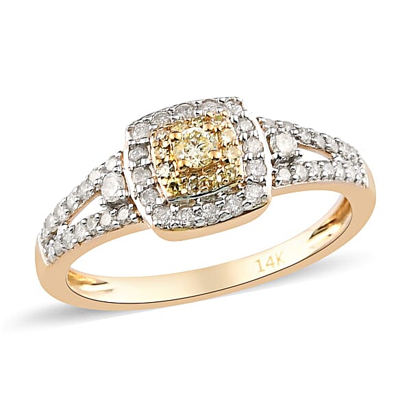 0.50 Ct. White Diamond and Natural Yellow Diamond Halo Ring in 14K ...