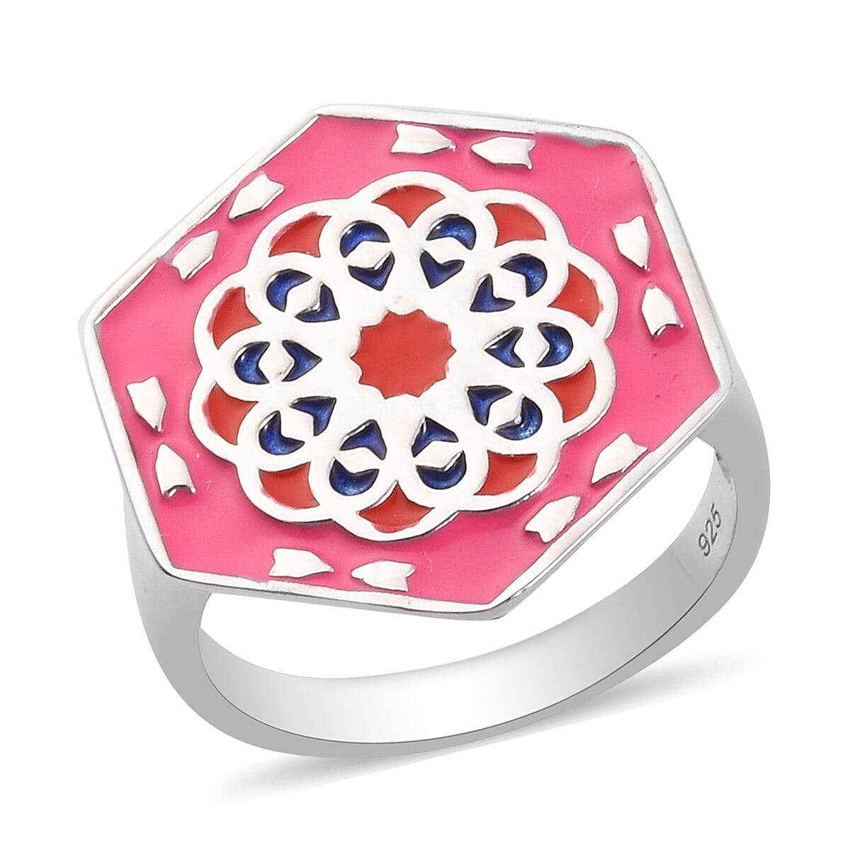 Hexagonal Enamelled Ring in Platinum Plated Sterling Silver - 3753368 - TJC