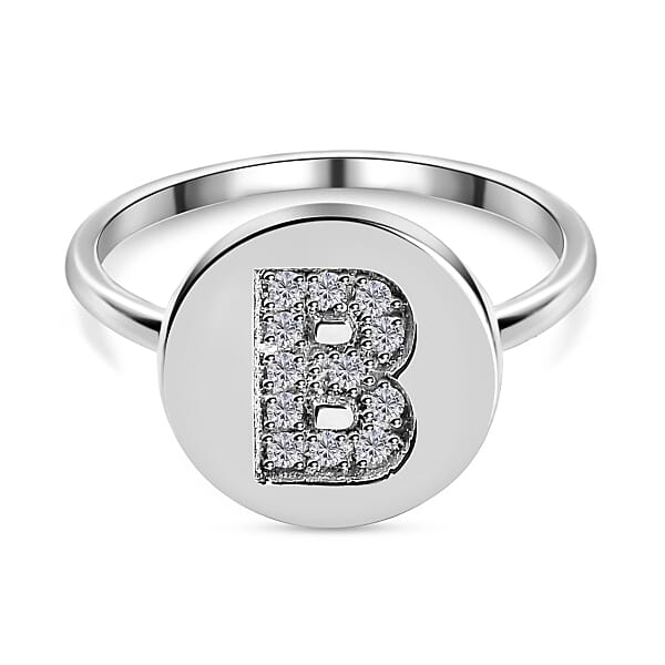 White Diamond B Initial Ring in Platinum Plated Sterling Silver ...