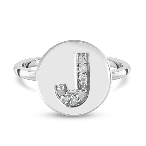 White Diamond J Initial Ring in Platinum Plated Sterling Silver ...